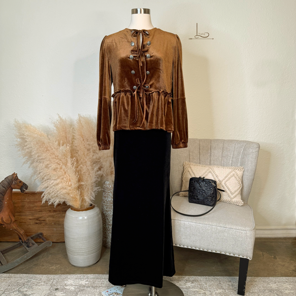 The Lockhart Brown Velvet Peplum Top – L Trading